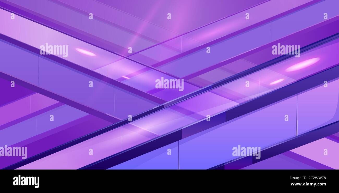 Escalators in mall in night neon light. Moving staircase, automatic ...