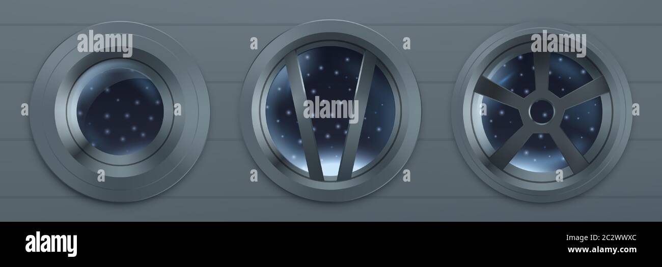 Porthole in spaceship, metal round windows in rocket with view to ...