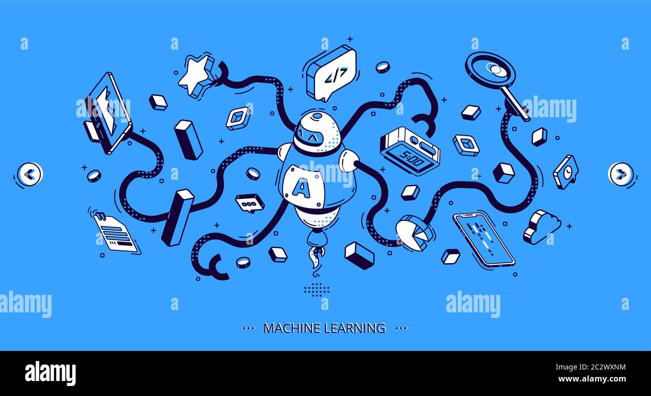 Machine learning isometric banner, artificial intelligence science ...