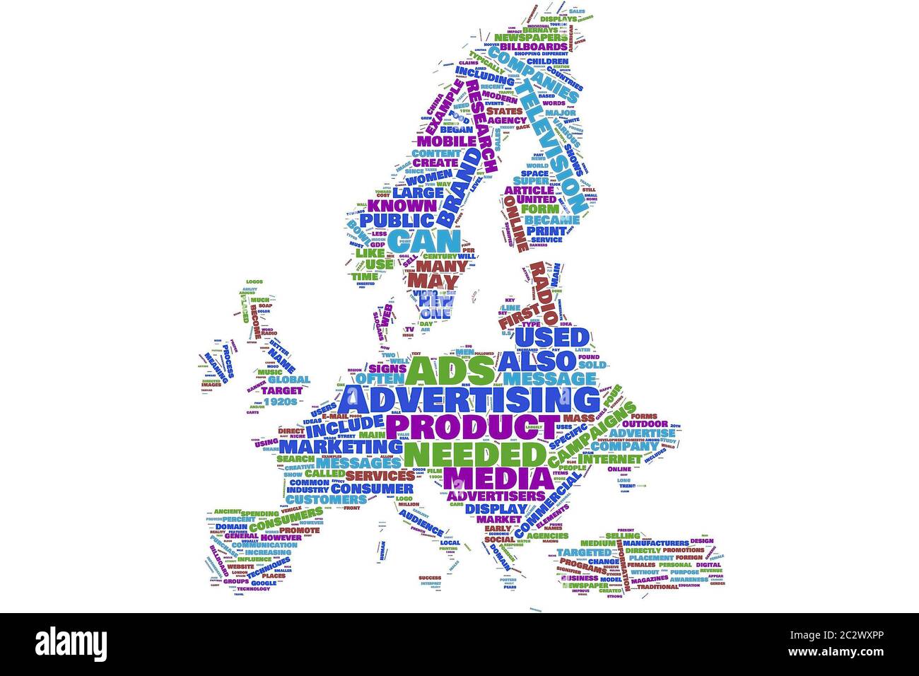 Advertising colors Europe map word cloud on the isolated background ...