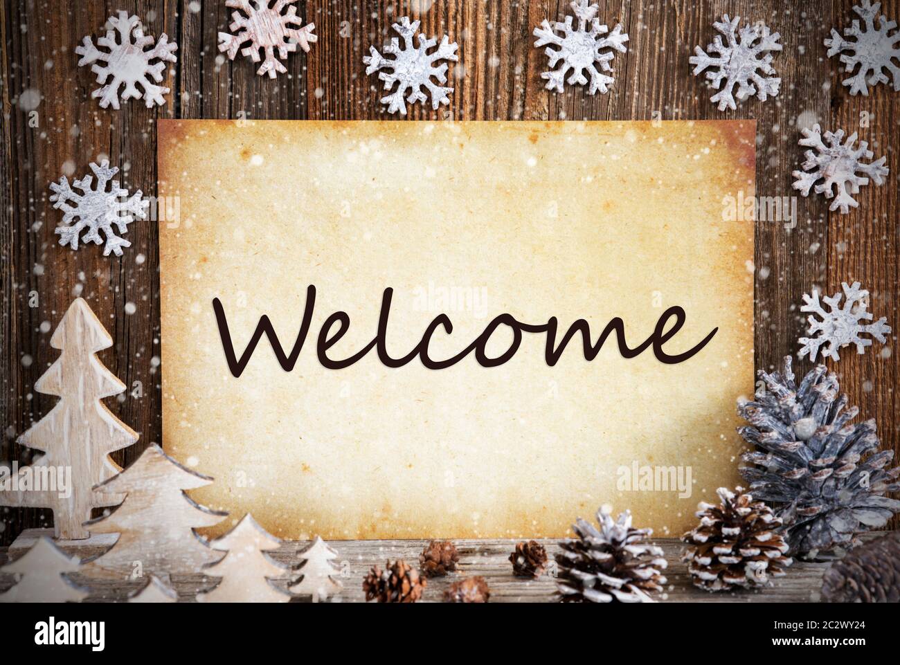 Old Paper With English Text Welcome. Christmas Decoration Like Tree ...