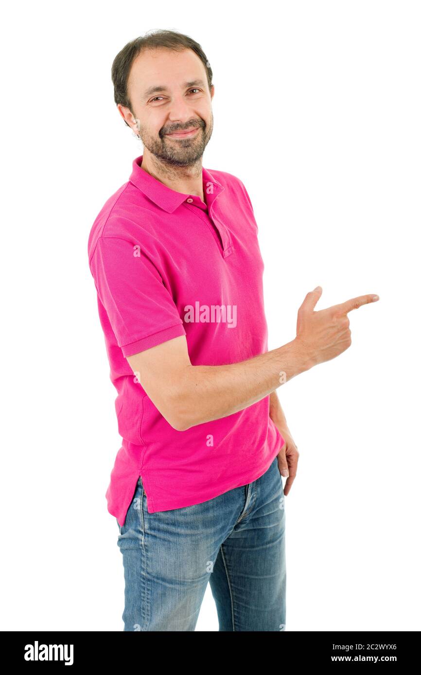 young man pointing to his side, isolated on white background Stock ...