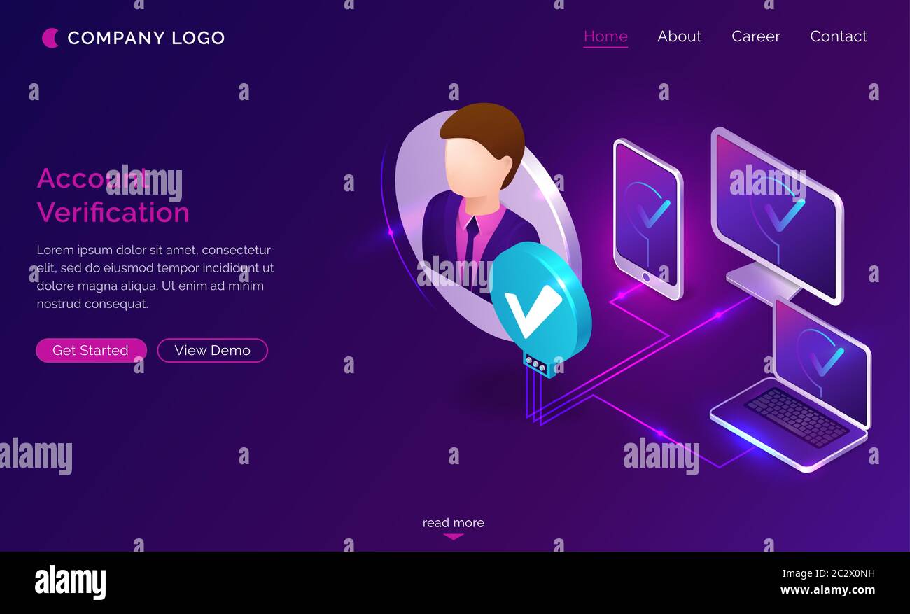 Account verification isometric landing page, smartphone, computer and ...