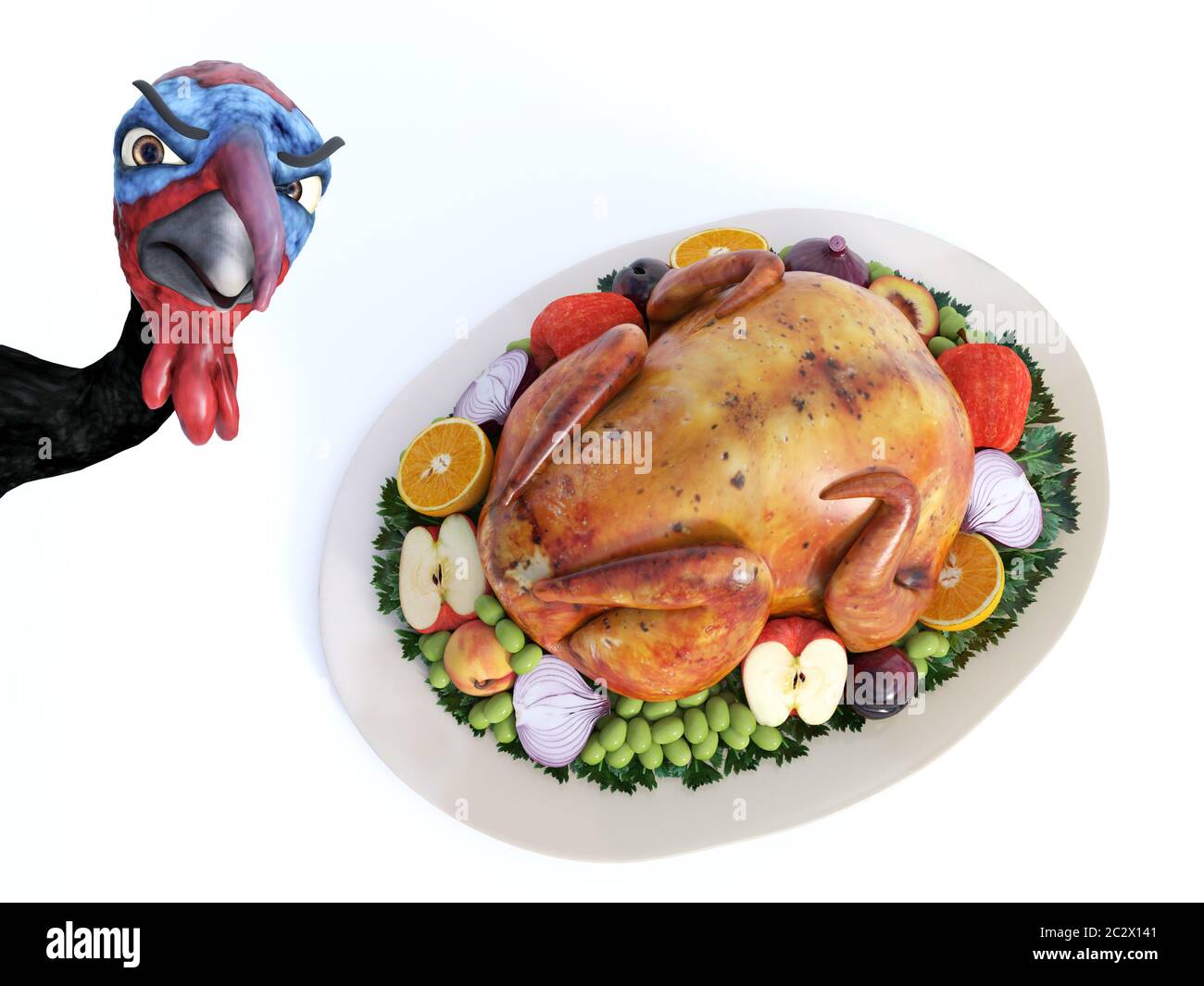 3D rendering of a silly cartoon turkey looking angry when he sees a ...