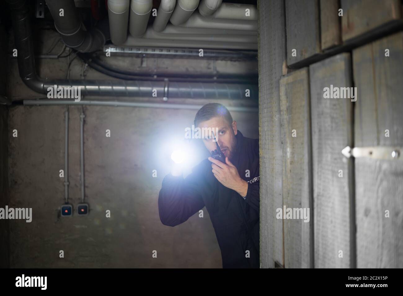 Rear View Of A Security Guard Standing In The Basement Holding ...