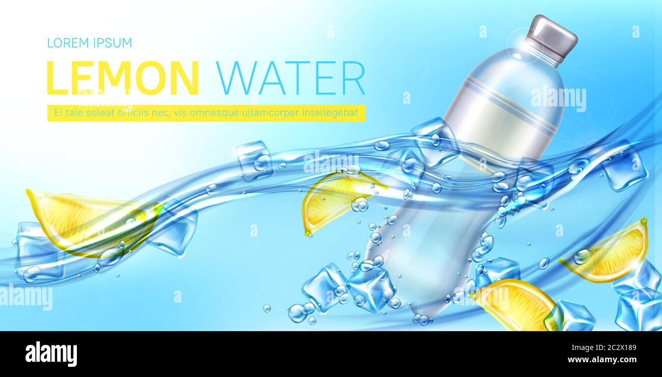 Lemon water ad banner, blank bottle with drink and yellow citrus slices ...