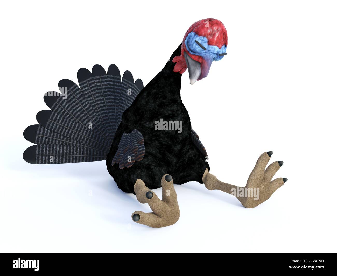 3D rendering of a silly cartoon turkey sitting and sleeping, tired ...