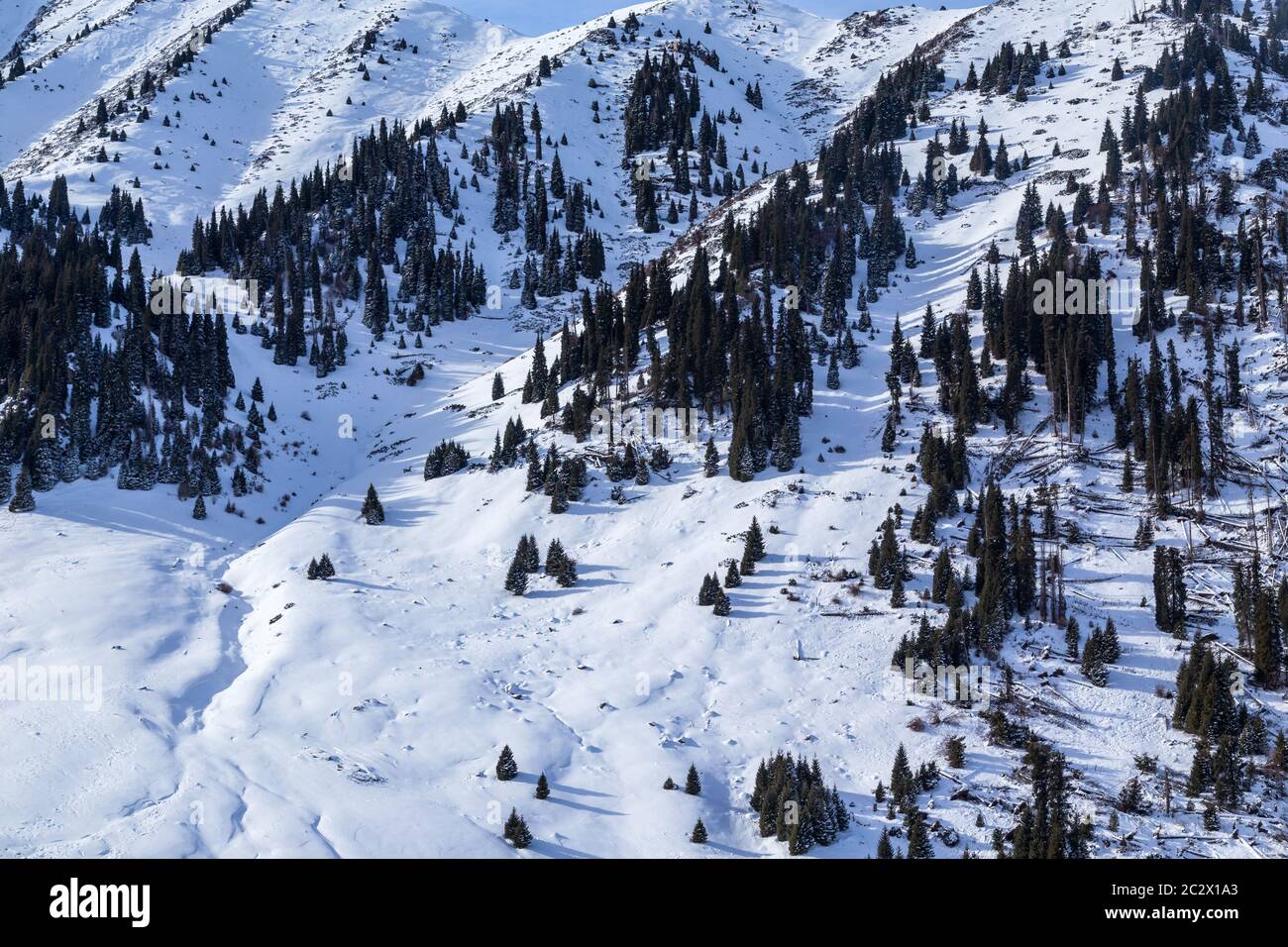 Winter Snowy Mountains valley with sun in Ak Bulak, Almaty, Kazakhstan ...