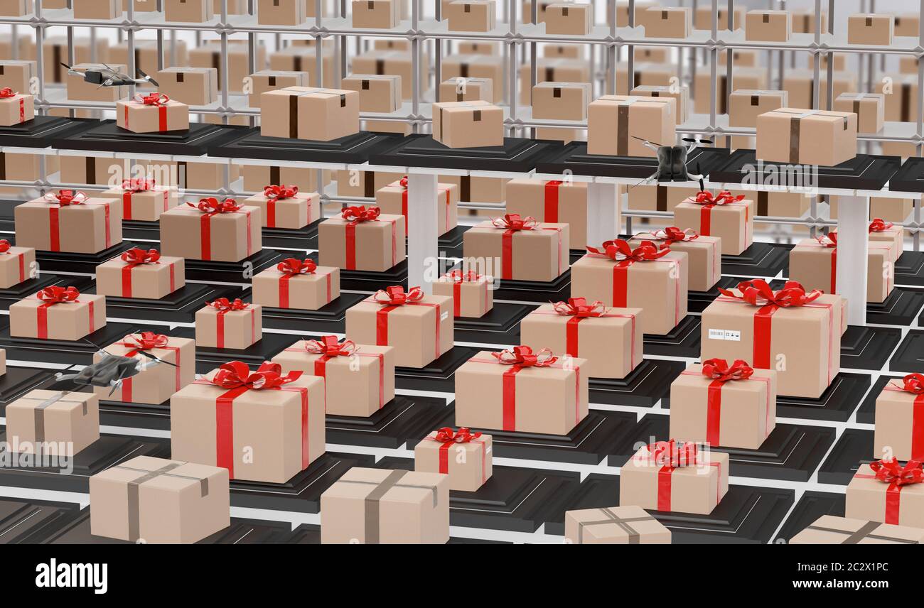 logistics center with wrapped gifts for Christmas 3d-illustration Stock ...