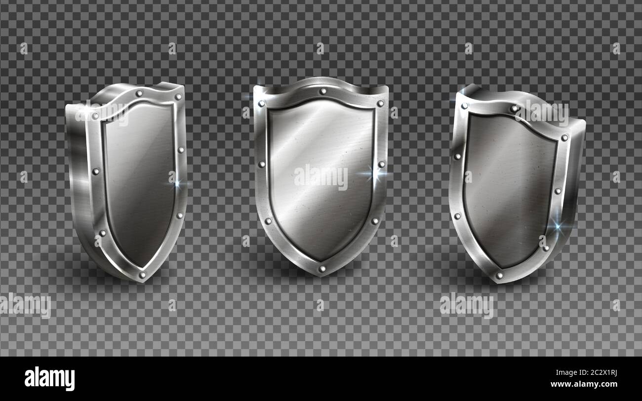 Metal shield with rivet frame vector set, medieval knight ammo, silver ...