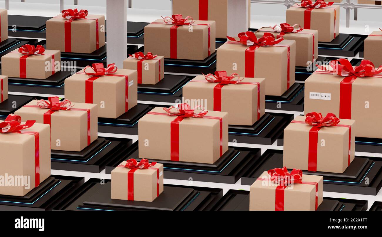 logistics center with wrapped gifts for Christmas 3d-illustration Stock ...