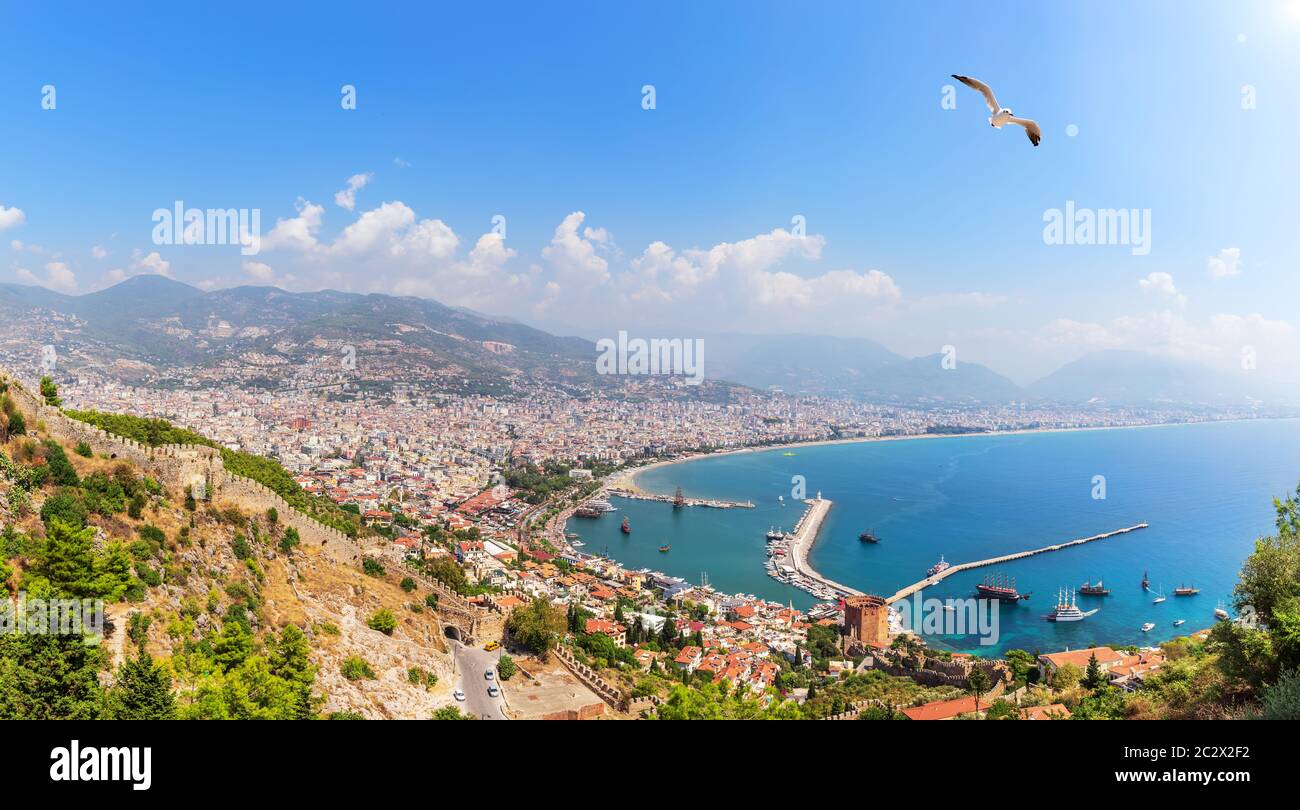 Alanya port in the harbour, panoramic view from the Alanya castle ...