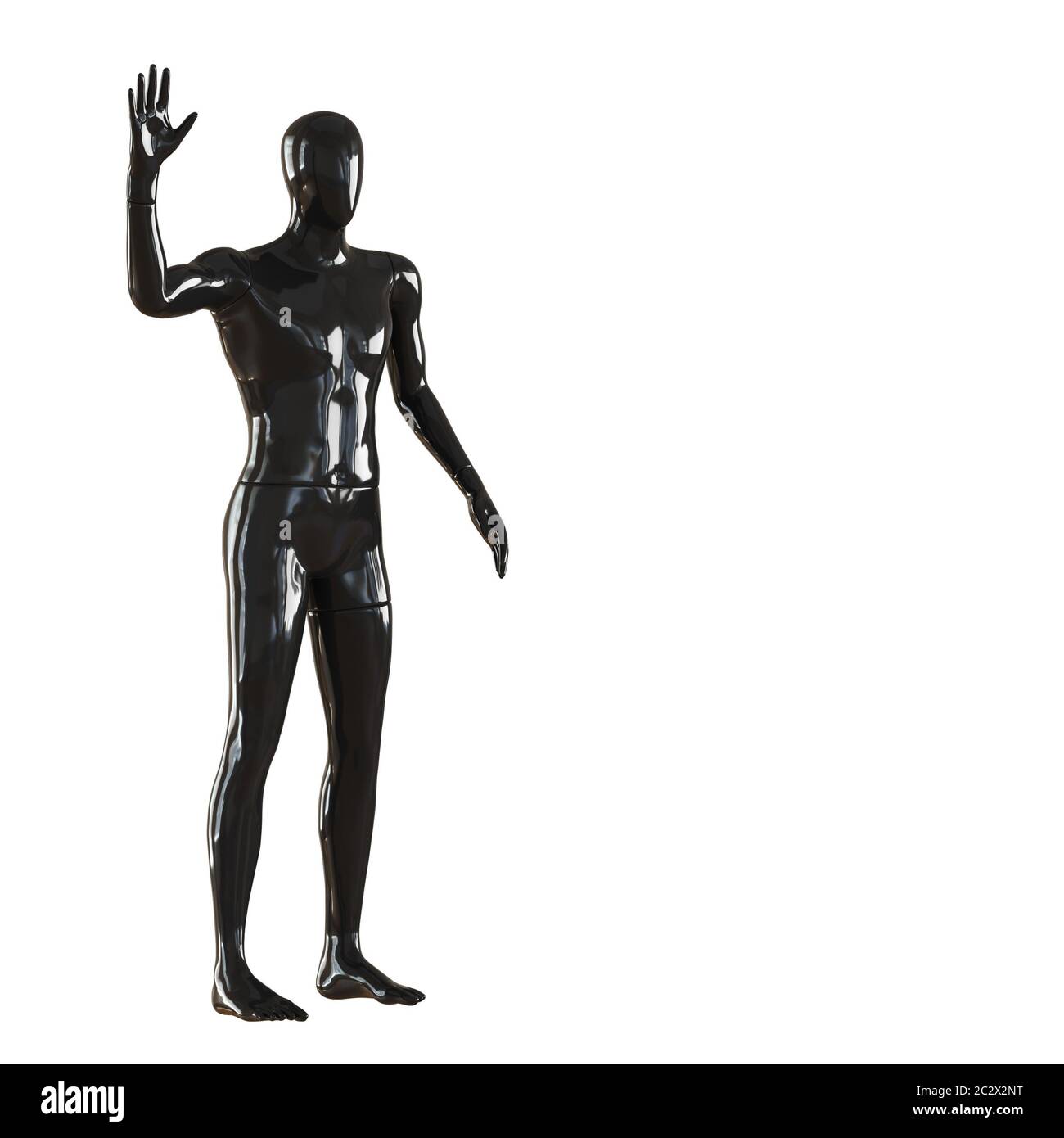 A black faceless guy mannequin stands and shows a gesture of greeting ...