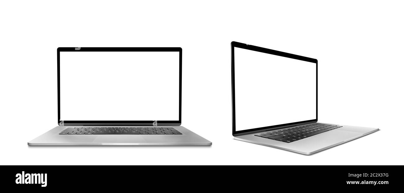 Laptop computer with white screen and keyboard front and angle view ...