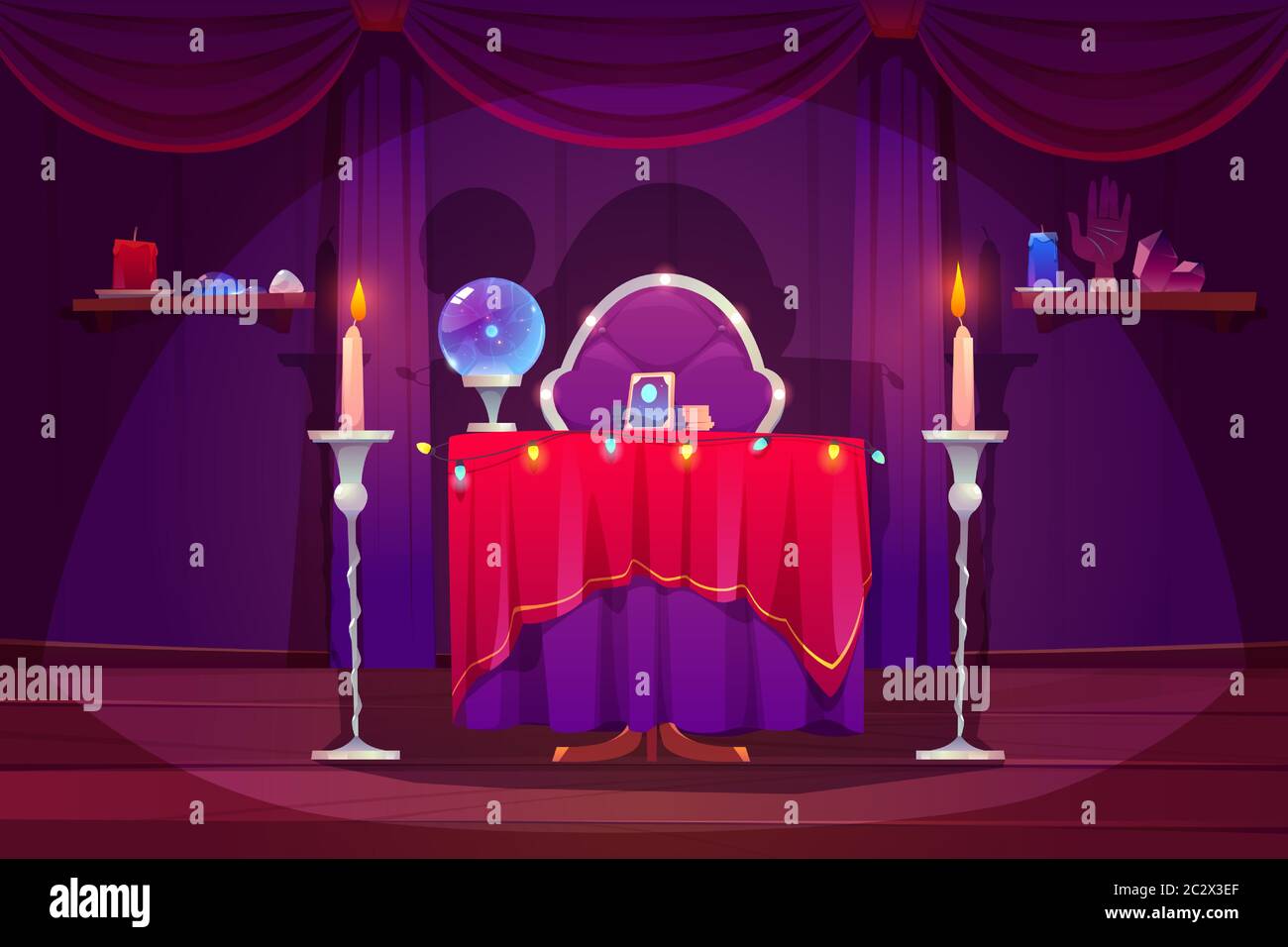 Fortune teller room with magic ball and tarot cards on table with red ...