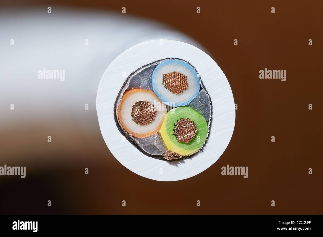 Power cable cut across with 3 copper leads and shileding with drainage ...