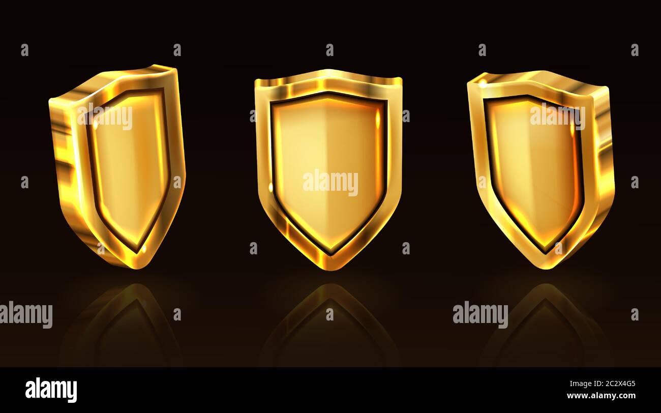 Golden shield vector icons set, gold medieval knight ammo, guard with ...