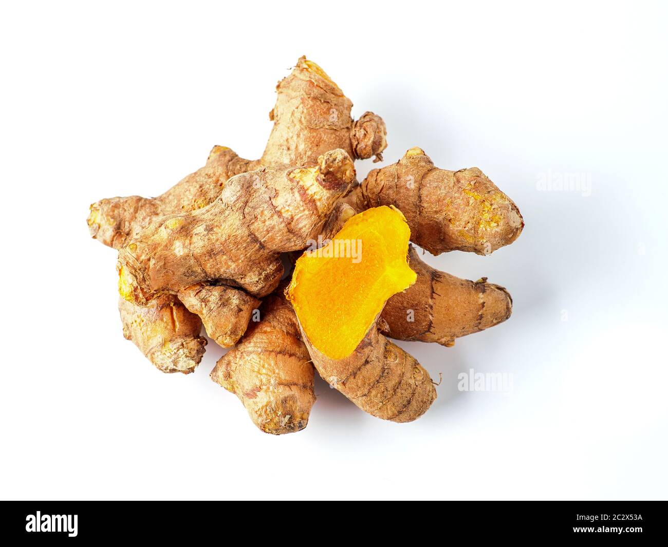 Turmeric root isolated on white background with clipping path. Top view ...