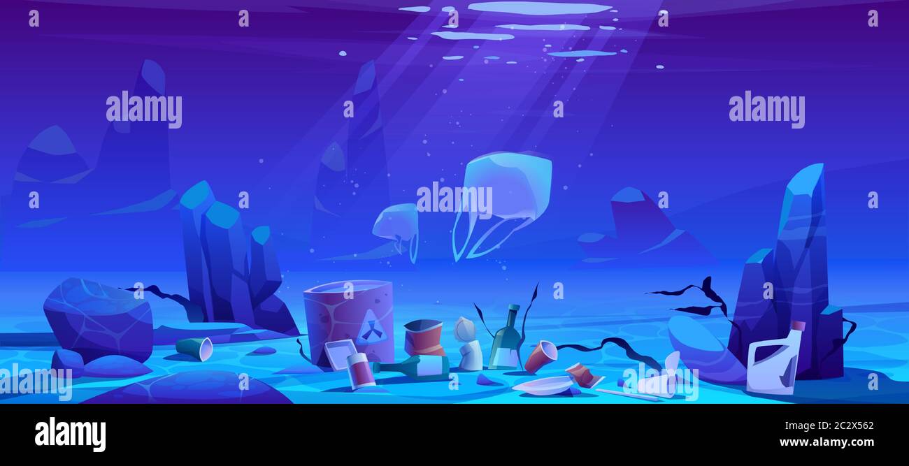 Pollution sea by plastic trash, garbage underwater. Vector cartoon ...