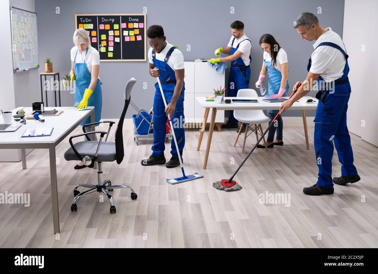 Group Of Janitors In Uniform Cleaning The Office With Cleaning ...