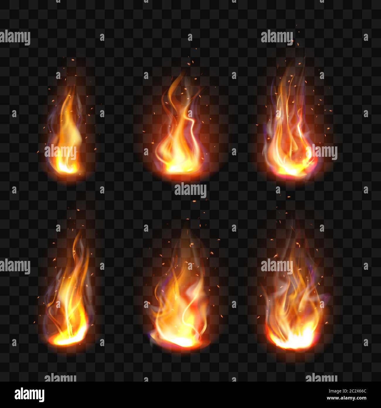 Realistic fire, torch flame icons set isolated on transparent ...