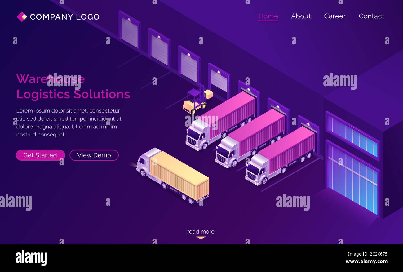 Warehouse logistics solutions isometric landing page, truck delivery ...