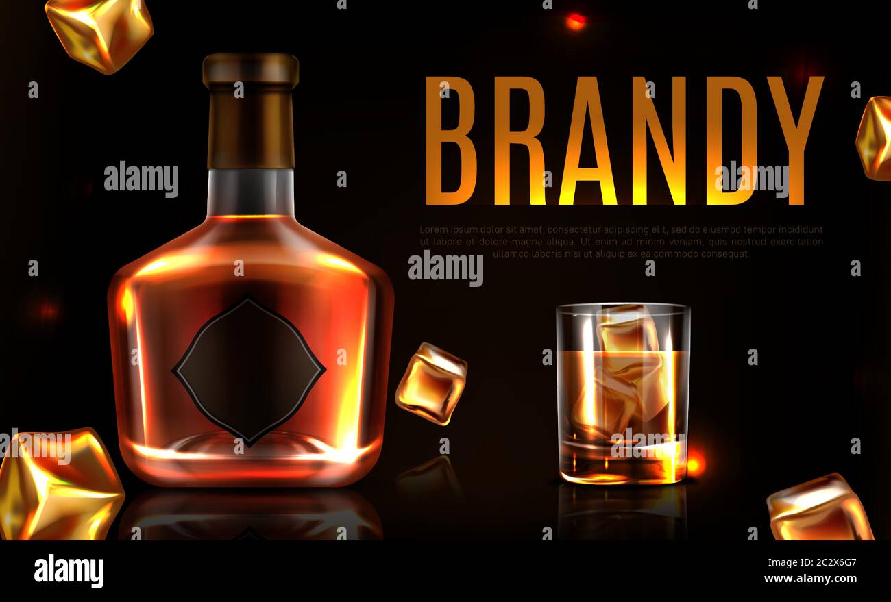 Brandy bottle and glass with ice cubes realistic vector poster. Closed ...