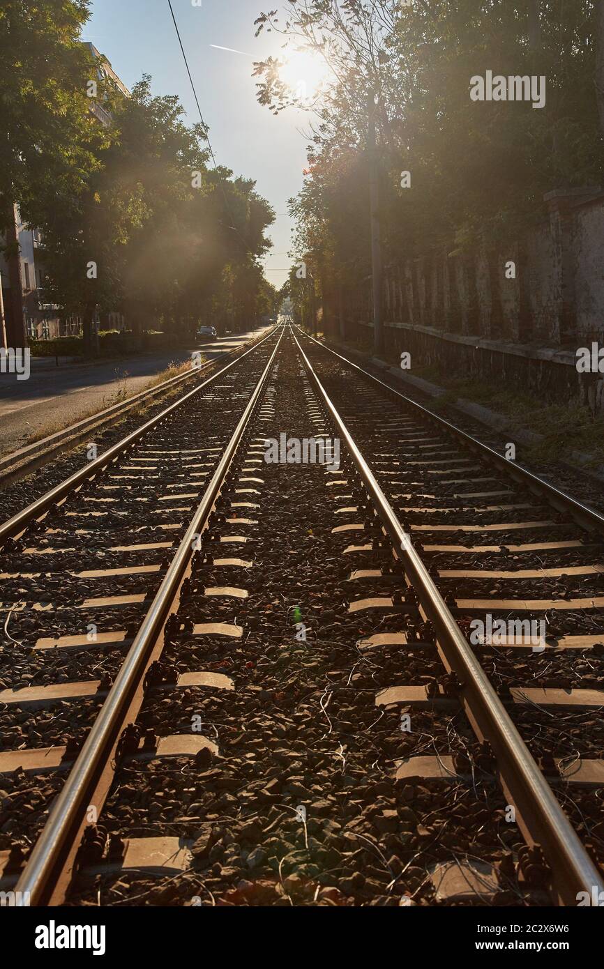 Tram line rails in the suburbs with sunlight flare Stock Photo - Alamy