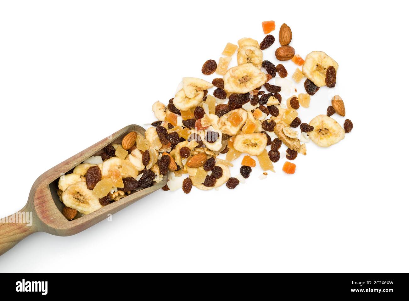 top view of dried fruits scattered on white background with copy space ...
