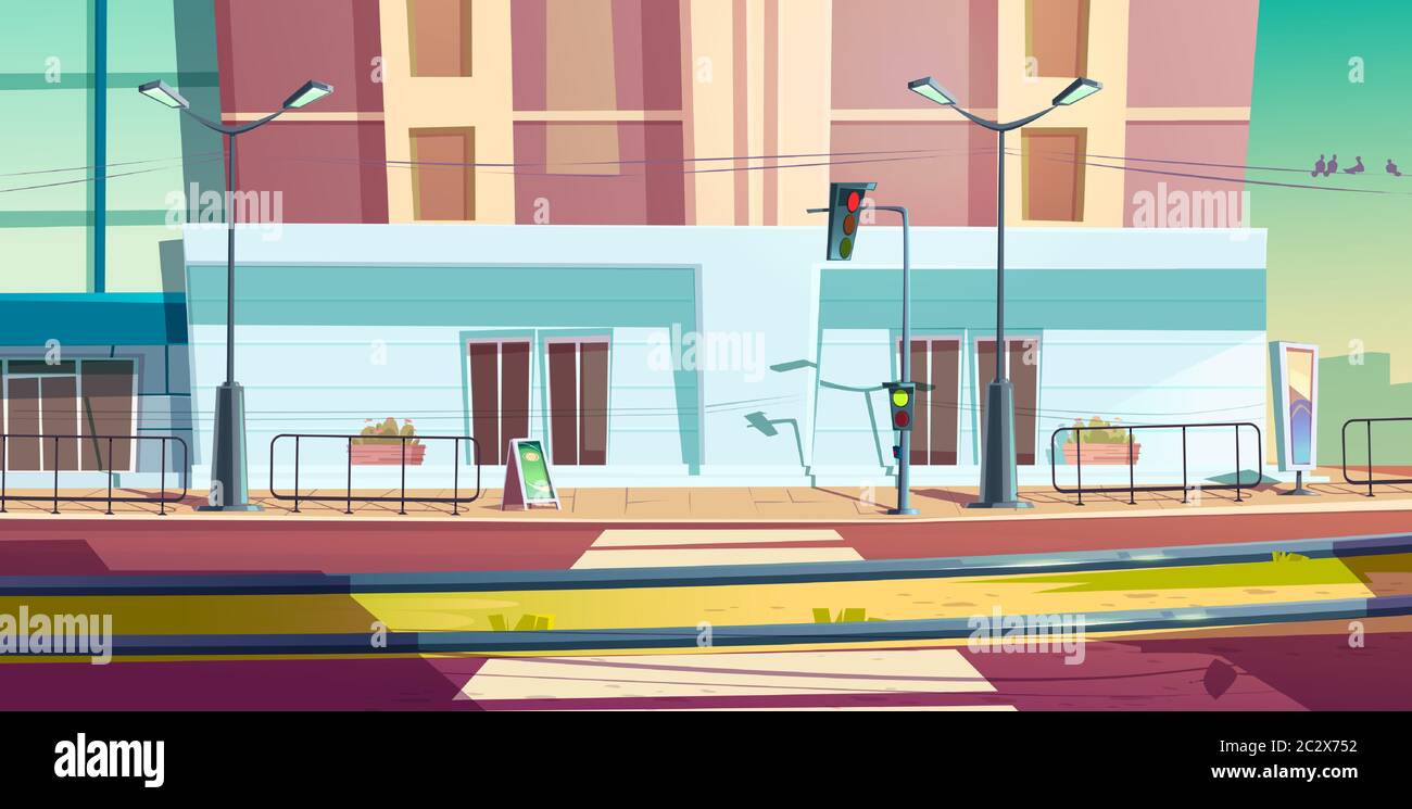 City street with car road and tram rails. Vector cartoon cityscape of ...
