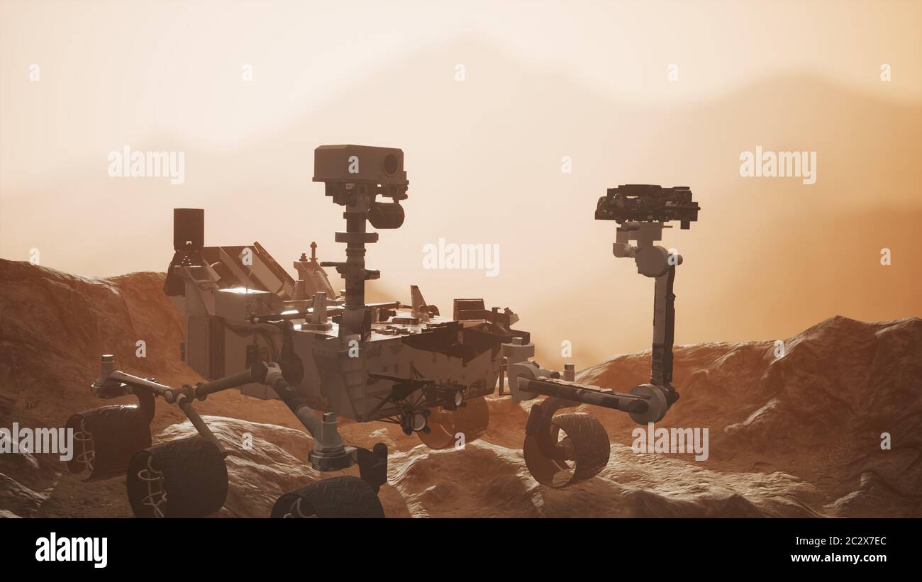 Curiosity Mars Rover exploring the surface of red planet Stock Photo ...