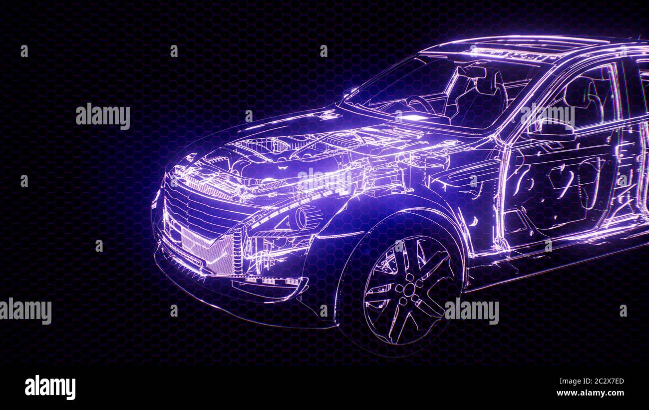 Holographic animation of 3D wireframe car model with engine Stock Photo ...