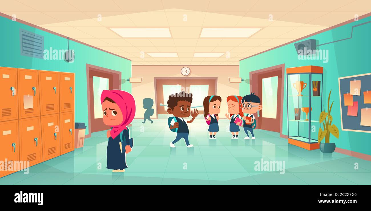 Sad muslim girl in school hallway and teenagers behind her back. Vector ... Sad muslim girl in school hallway and teenagers behind her back. Vector ...