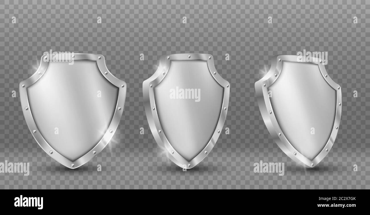 Shield vector icons set, gold medieval knight ammo, guard with engraved ...