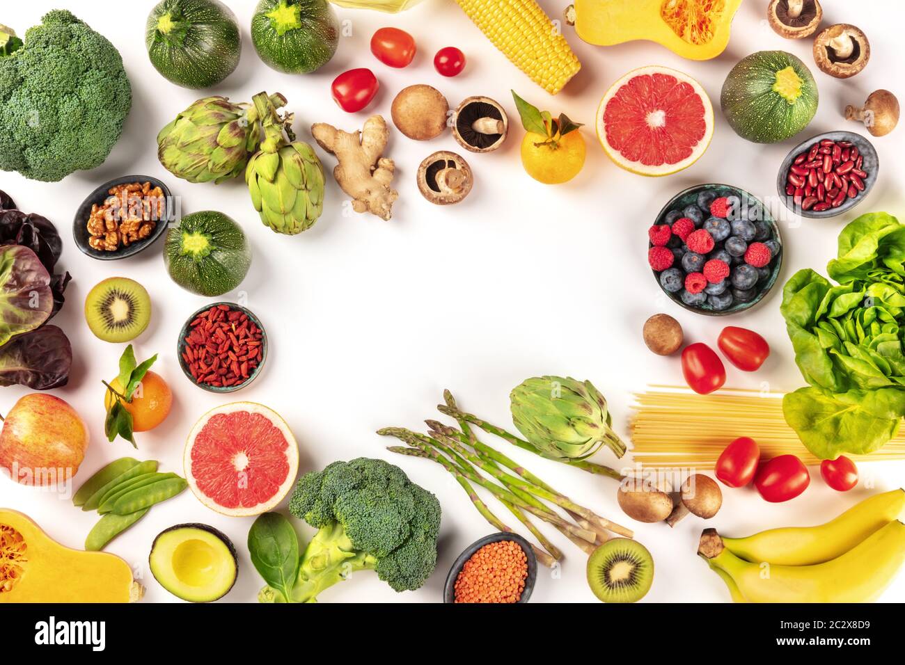 Vegan food. Healthy diet concept. Fruits, vegetables, pasta, nuts ...