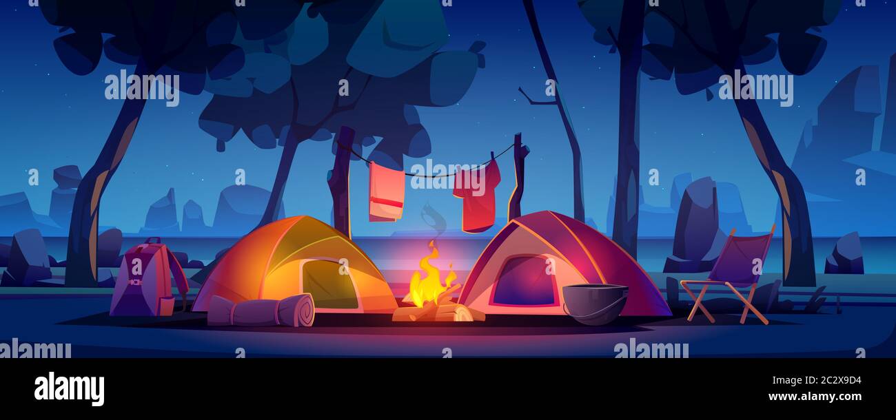 Summer night camp with tent, campfire, trees, lake and mountains on ...