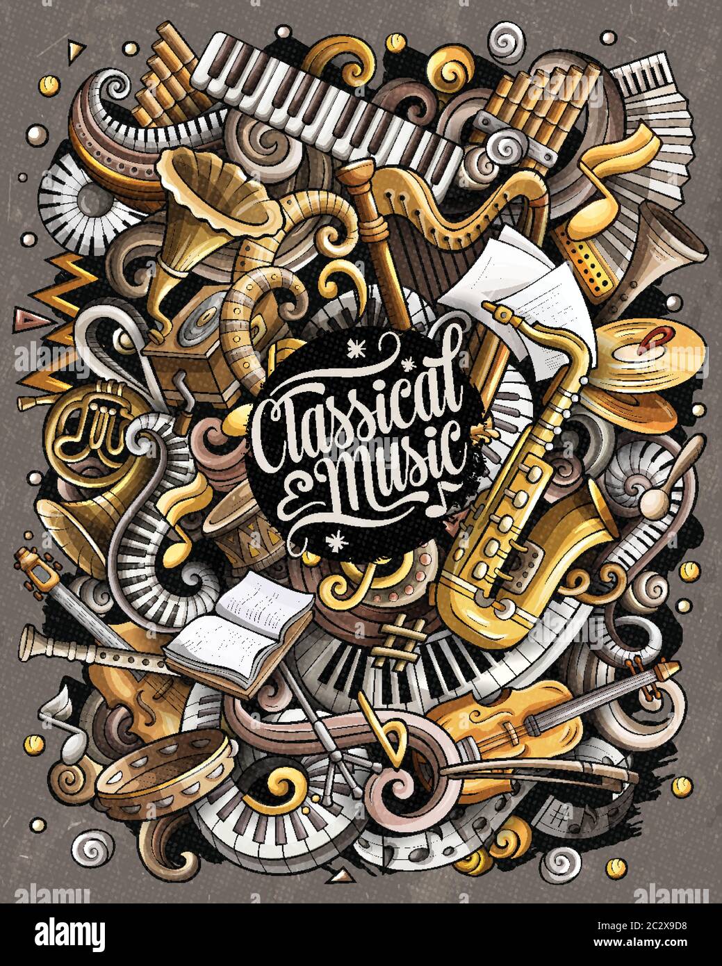 Cartoon vector doodles Classic music illustration. Bright colors ...