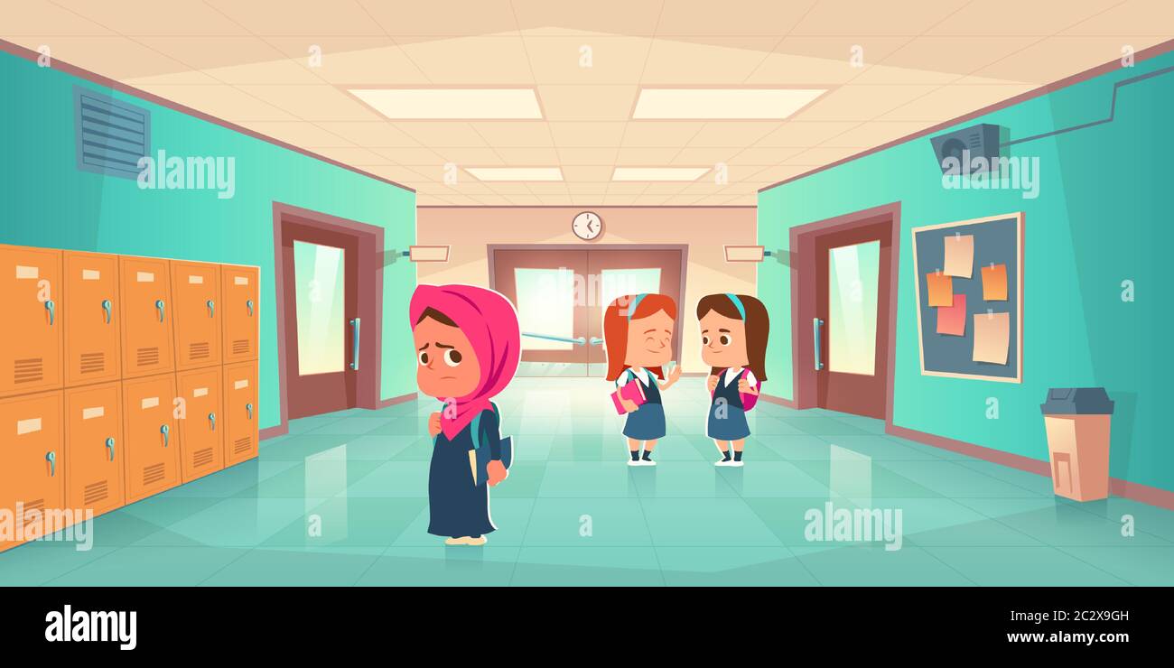 Sad muslim girl in school hallway and teenagers behind her back. Vector ...