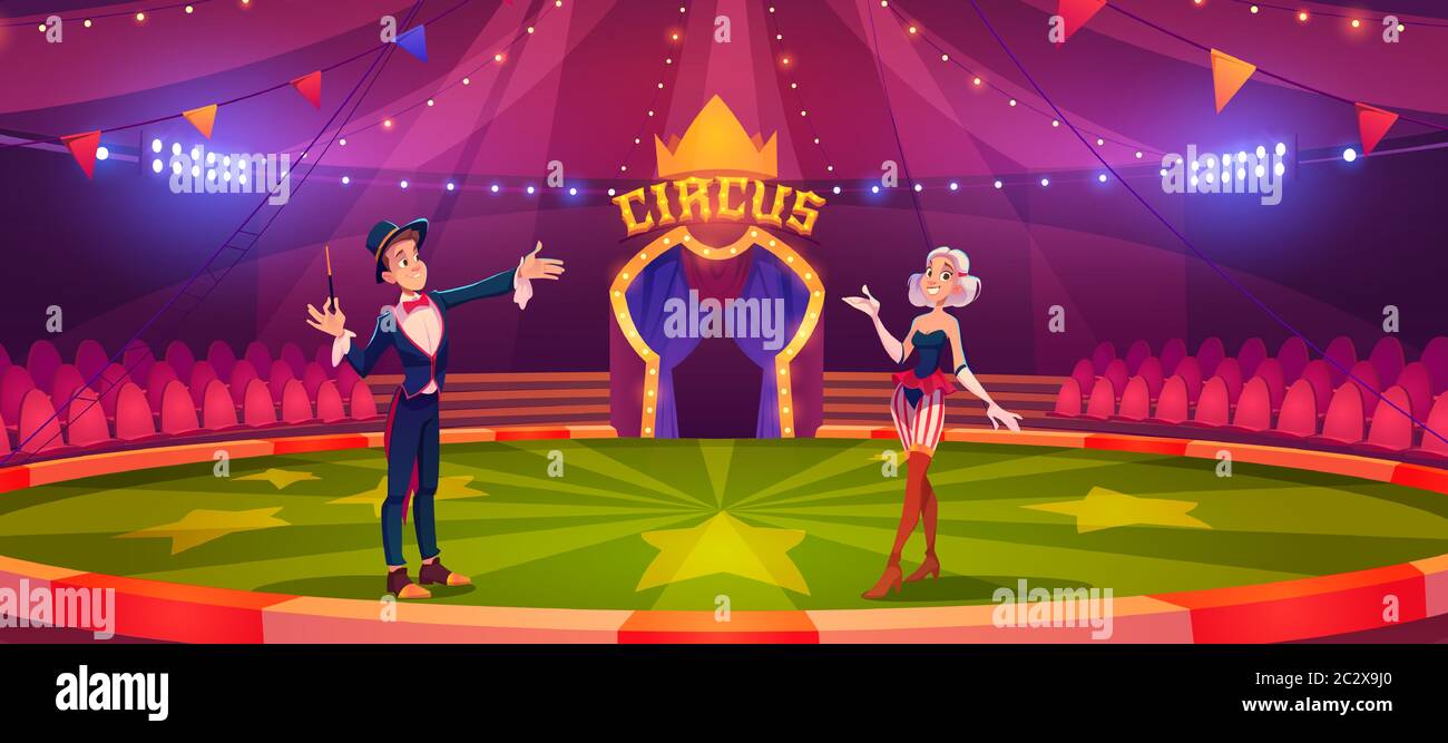 Magician and woman on circus arena. Performance, carnival show on round ...