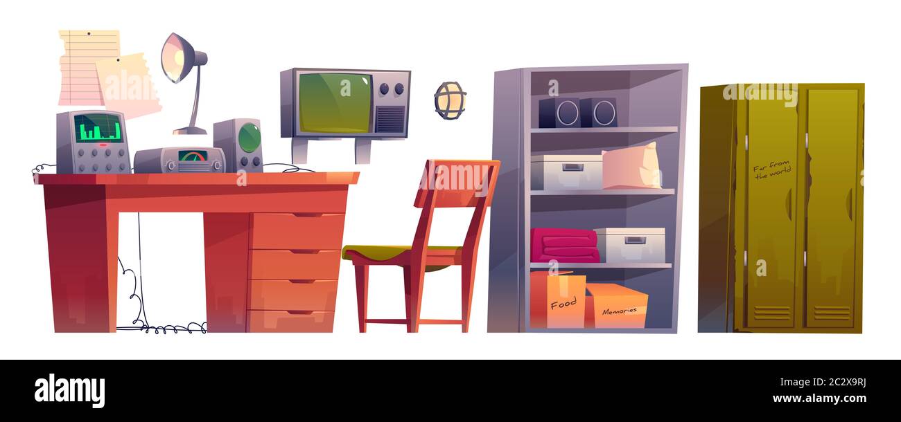 Underground bunker control room equipment set, cartoon bomb shelter ...