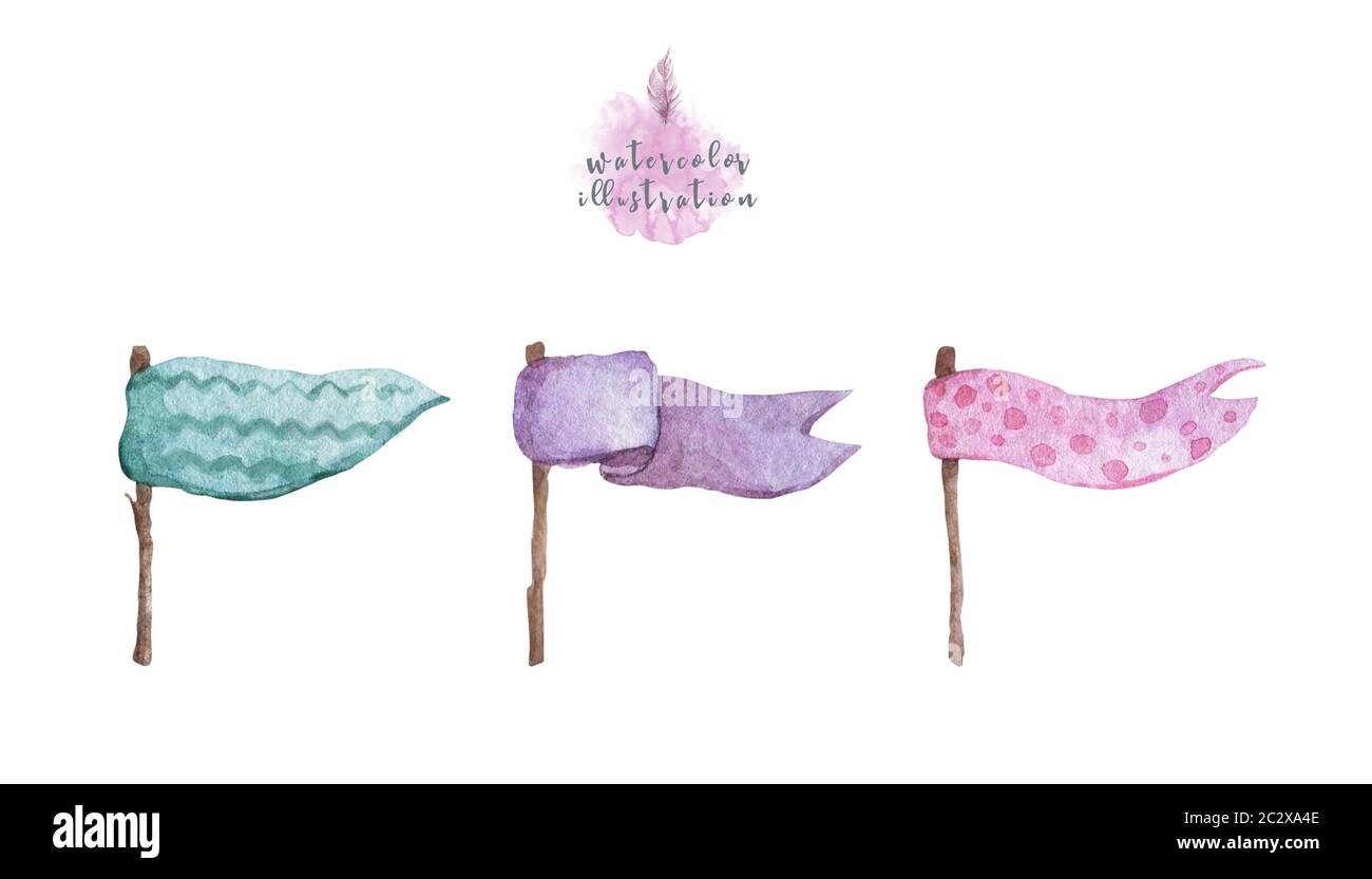 Pink flags. Cute ribbons on white background. Hand drawn watercolor ...