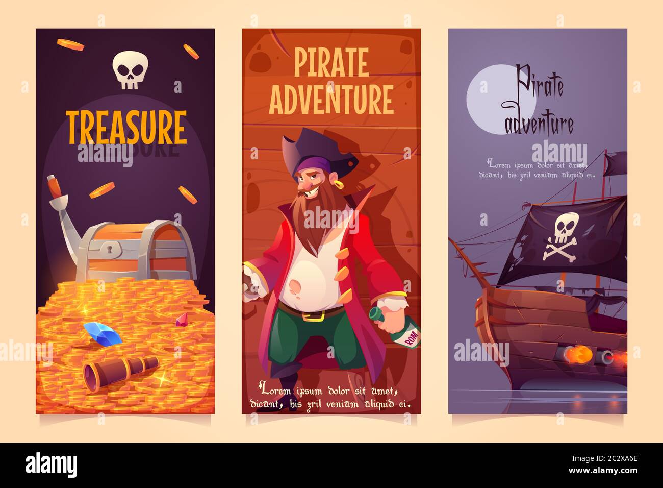 Pirate adventure vertical banners set, treasure chest with gold ...