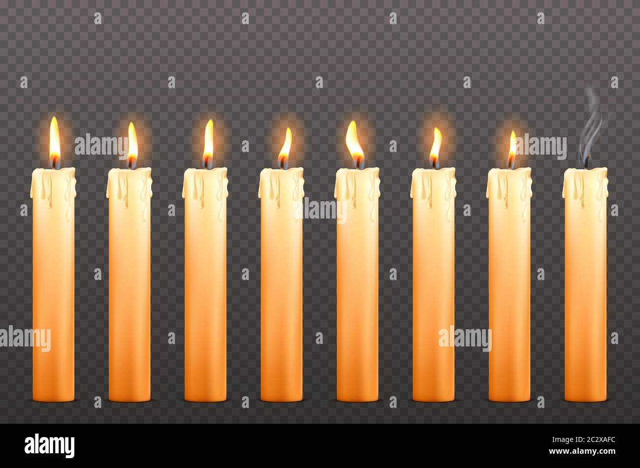 Candles with different fire flames and dripping wax isolated on ...