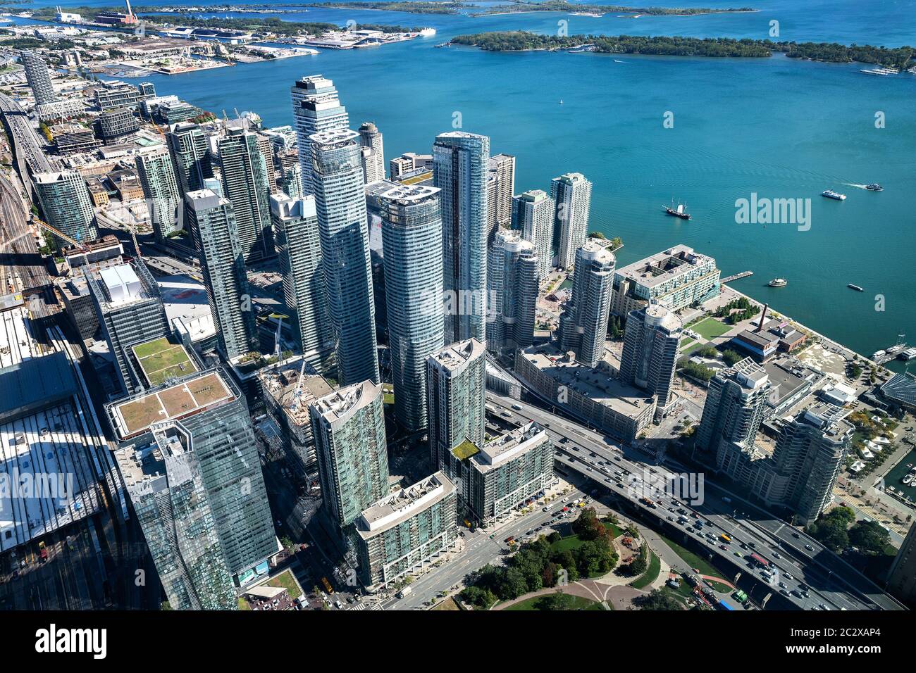 View of modern high rise tall condo buildings by lake Ontario, Toronto ...