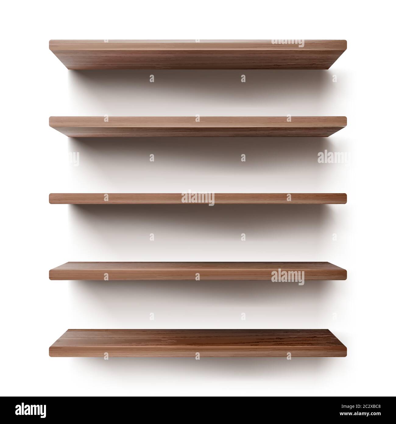 Empty wooden shelves on white wall. Vector realistic mockup of ...
