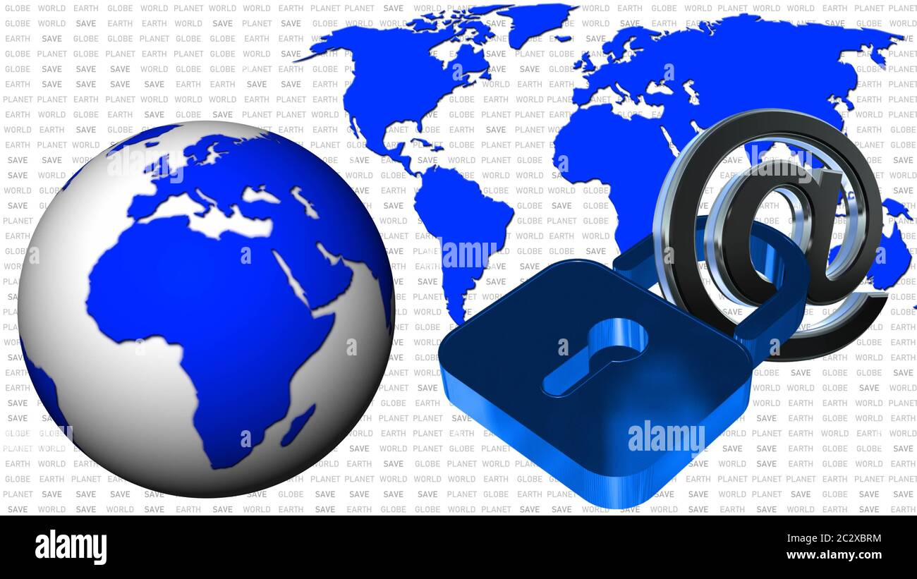 World map and earth globe - at sign with closed padlock - business or ...