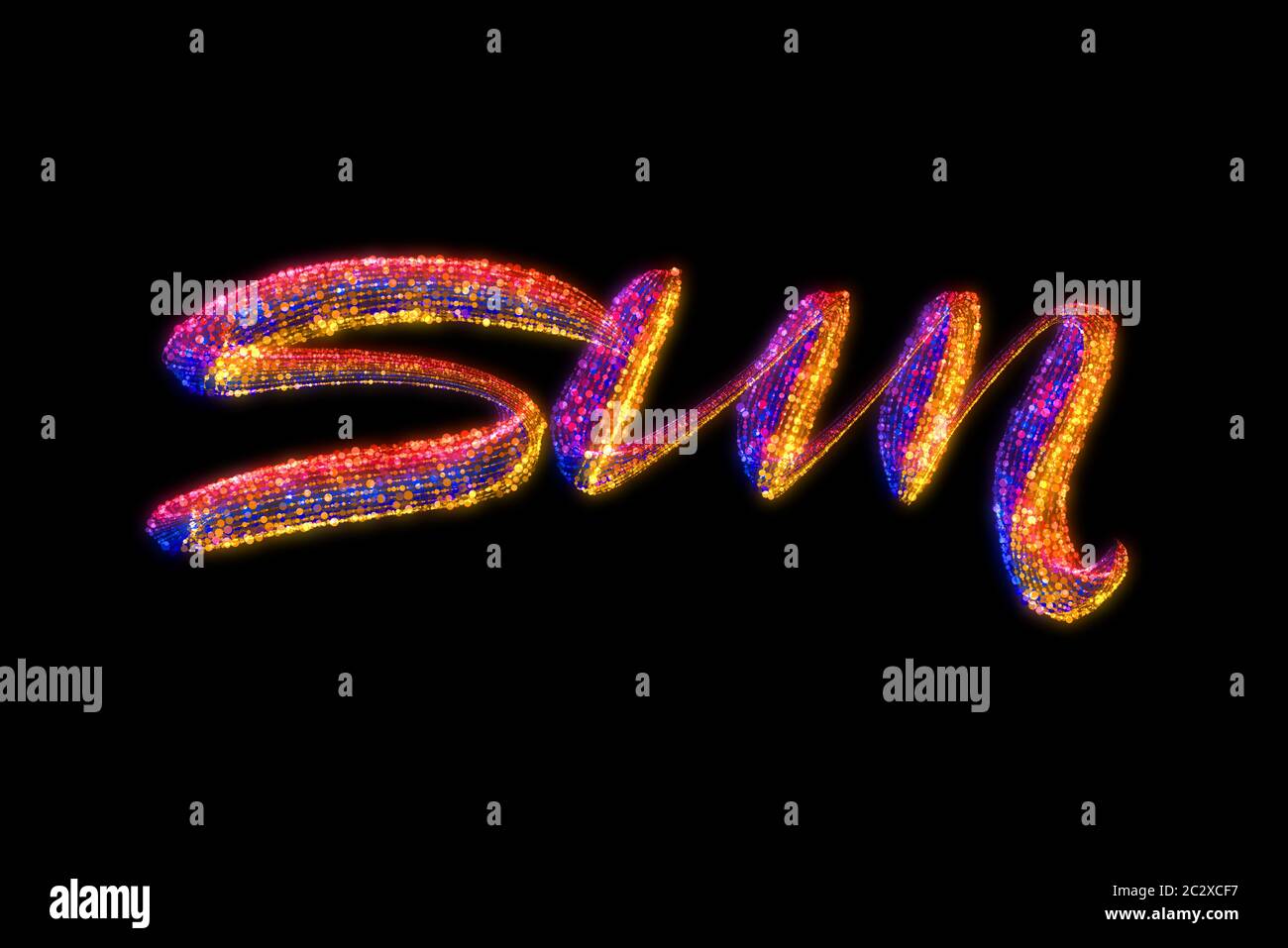 The word Sun written in bright rainbow particles. Hand drawing isolated ...