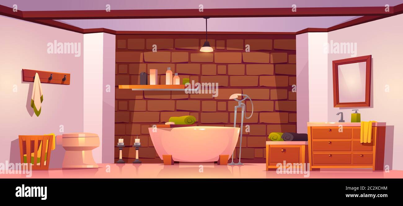 Bathroom in rustic house with bath, sink, toilet bowl and wooden ...
