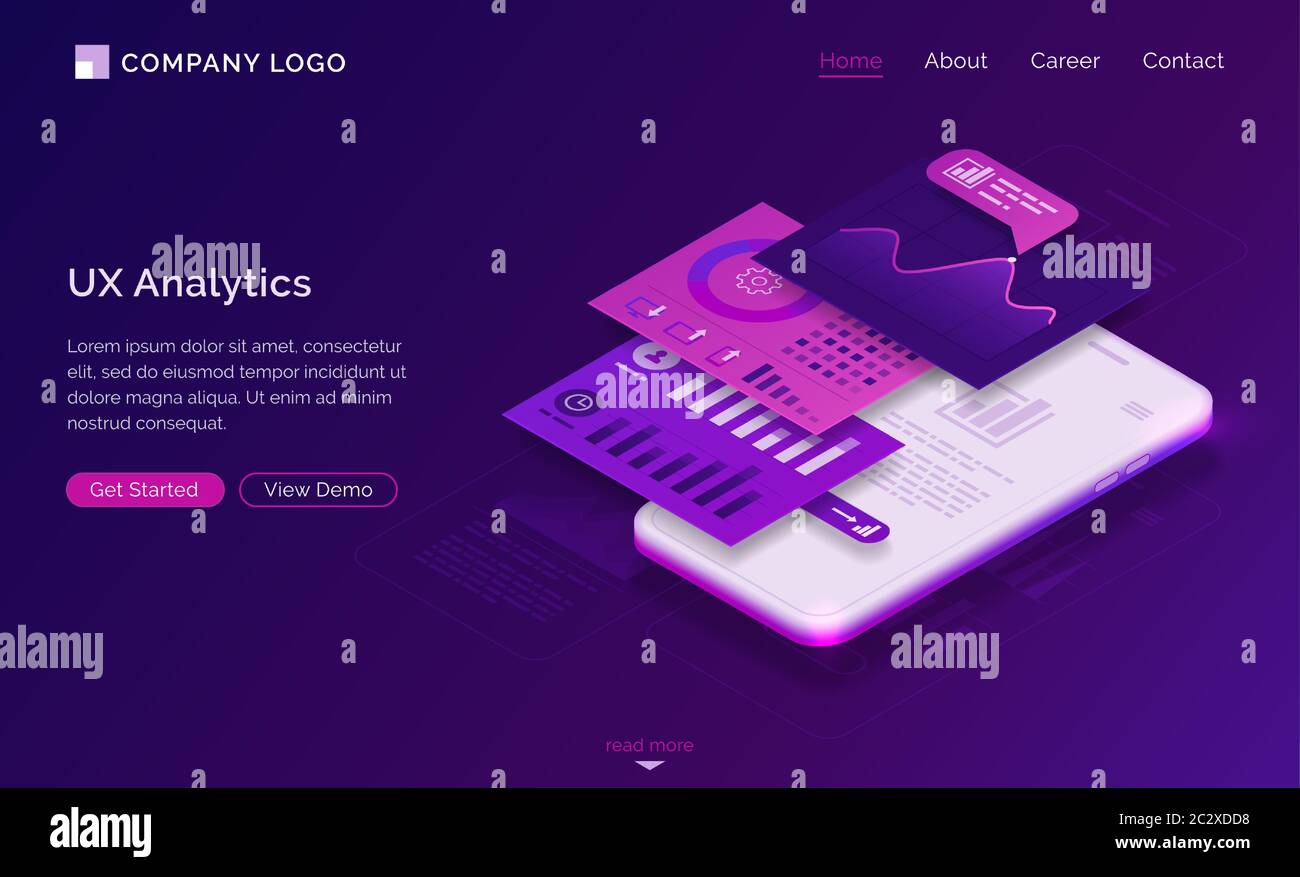 Ui ux analytics isometric landing page, mobile phone dashboard graphs ...