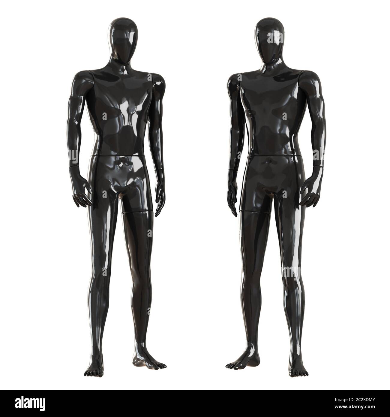 Two black faceless mannequin guys stand frontally. Isolated on a white ...